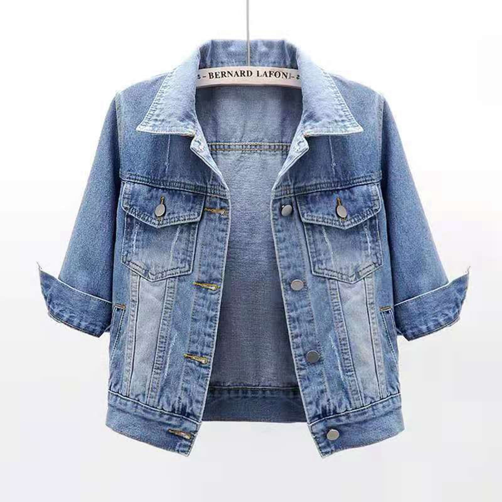 Cropped Jean Jacket 3/4 Sleeve Cropped Denim Jacket Women Fashion Denim ...