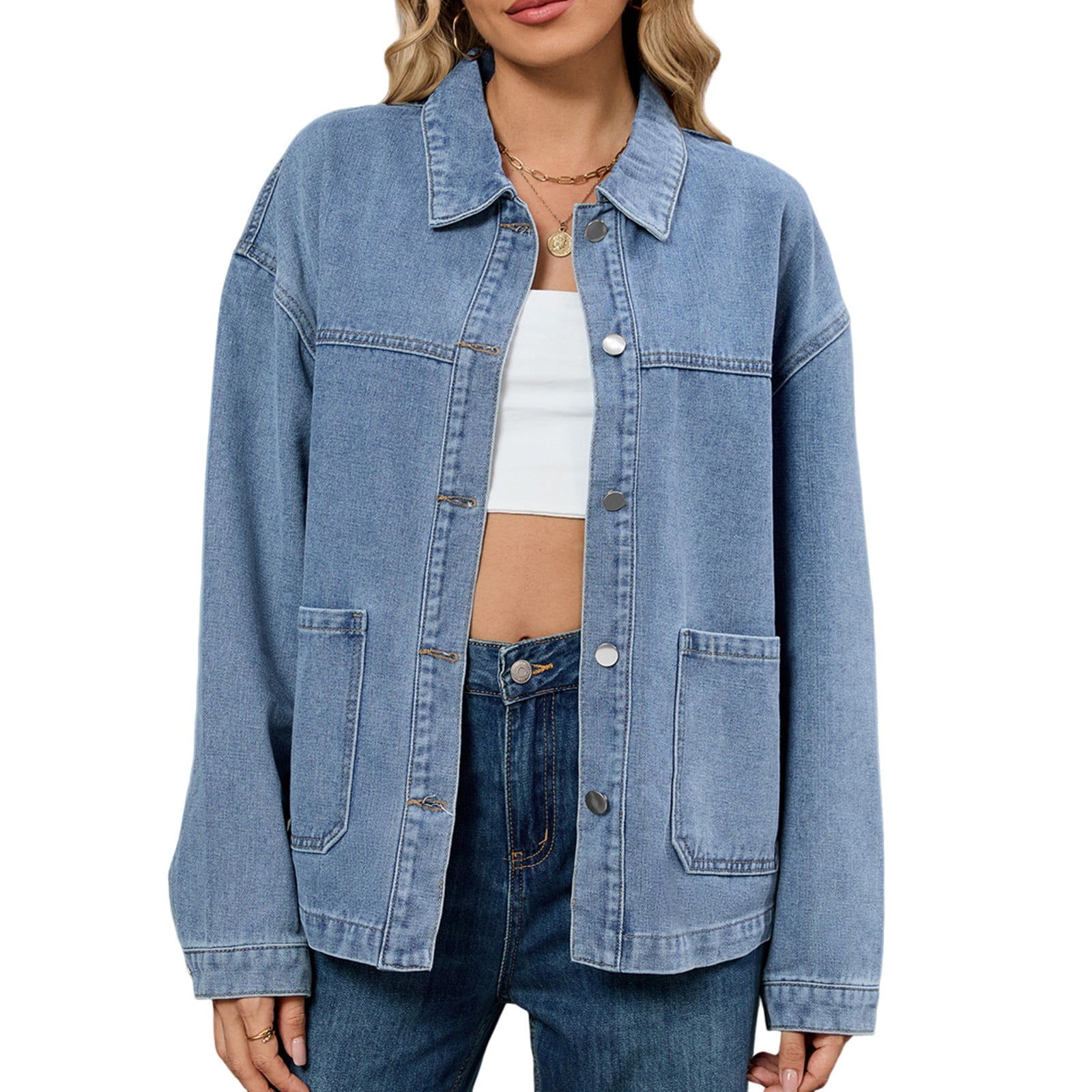 Cropped Jean Jacket, Classic Blue Washed Denim Short Jacket for Women ...