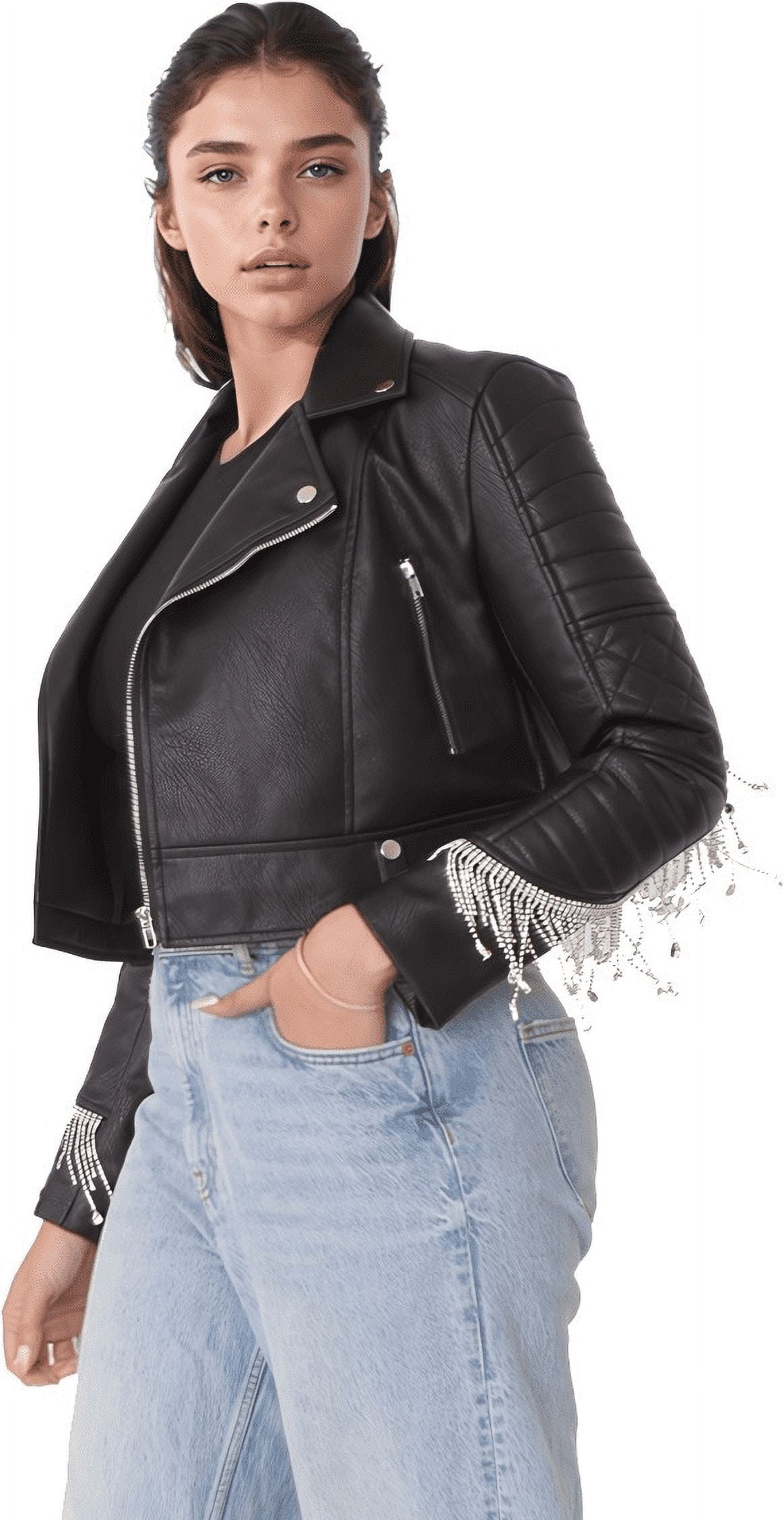 Cropped Leather Jacket with Fringe Details -82064 - Walmart.com