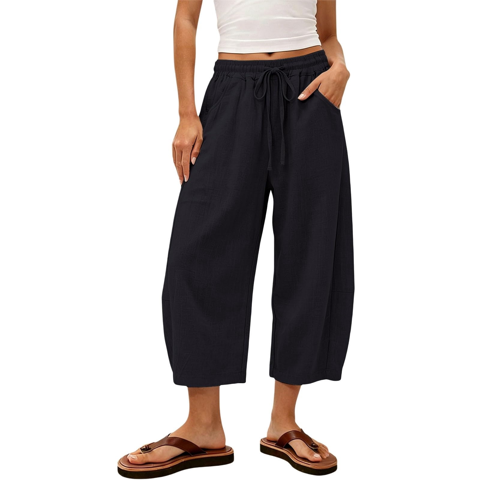 Cropped Linen Barrel Pants for Women Drawstring Wide Leg Cotton Capris ...