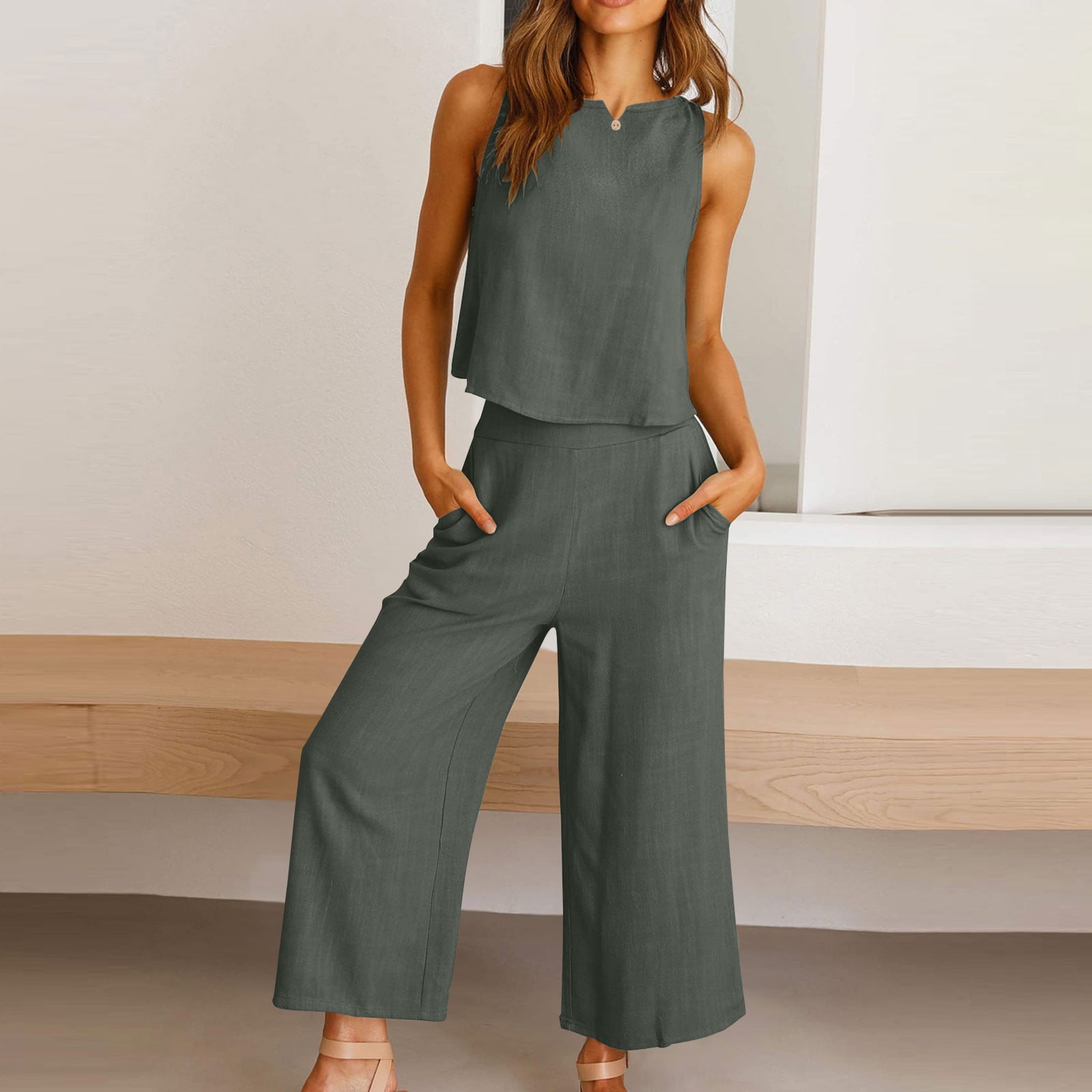Cropped Linen Pants Set, Sleeveless Tank Tops and High Waisted Capris ...