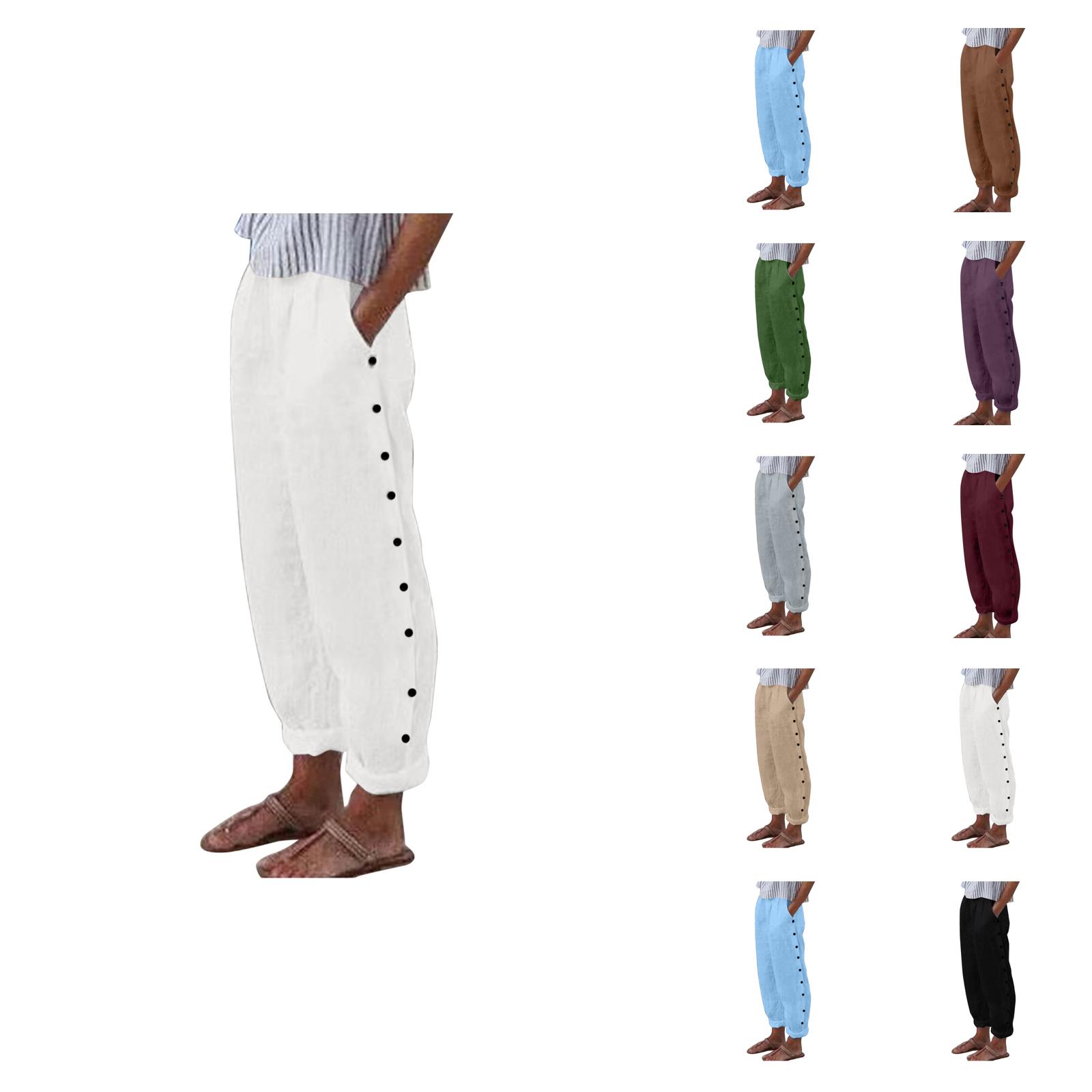Cropped Linen Pants for Women 2025 Elastic Waist Straight Leg Casual ...