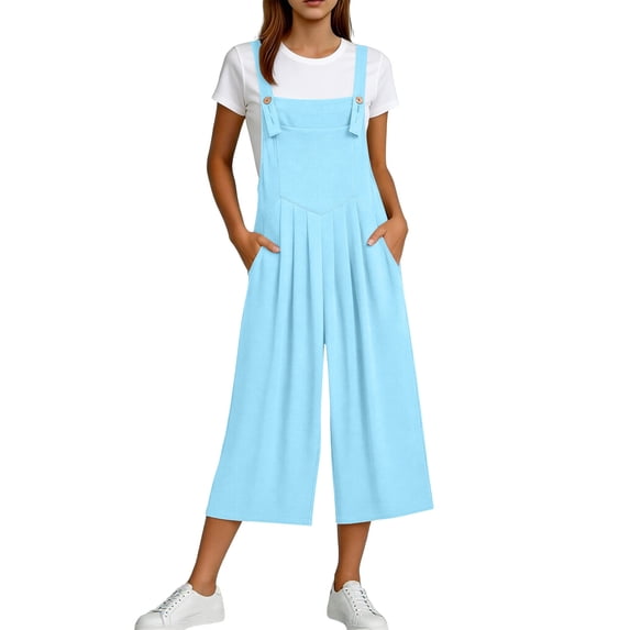 Cropped Overalls for Women Soft Wide Strap Pleated Front Casual Culotte ...