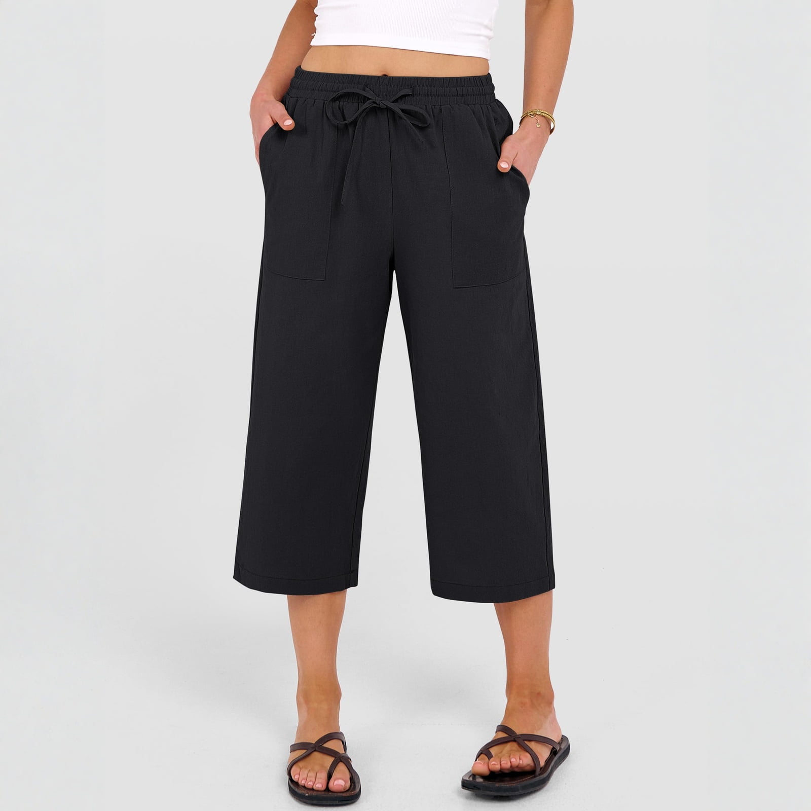 Cropped Pants for Women Spring Summer Loose Wide Leg Capri Pants Casual ...