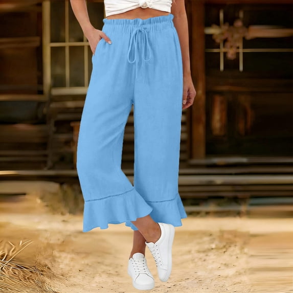 Cropped Pants for Women Summer Casual Wide Leg Drawstring Stretch Waist ...