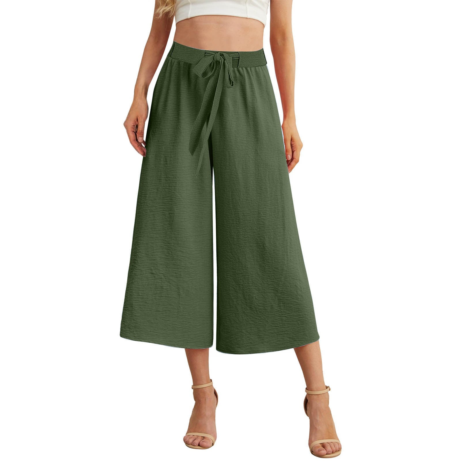 Cropped Pants for Women Wide Leg Tie Knot Loose High Waisted Trousers ...