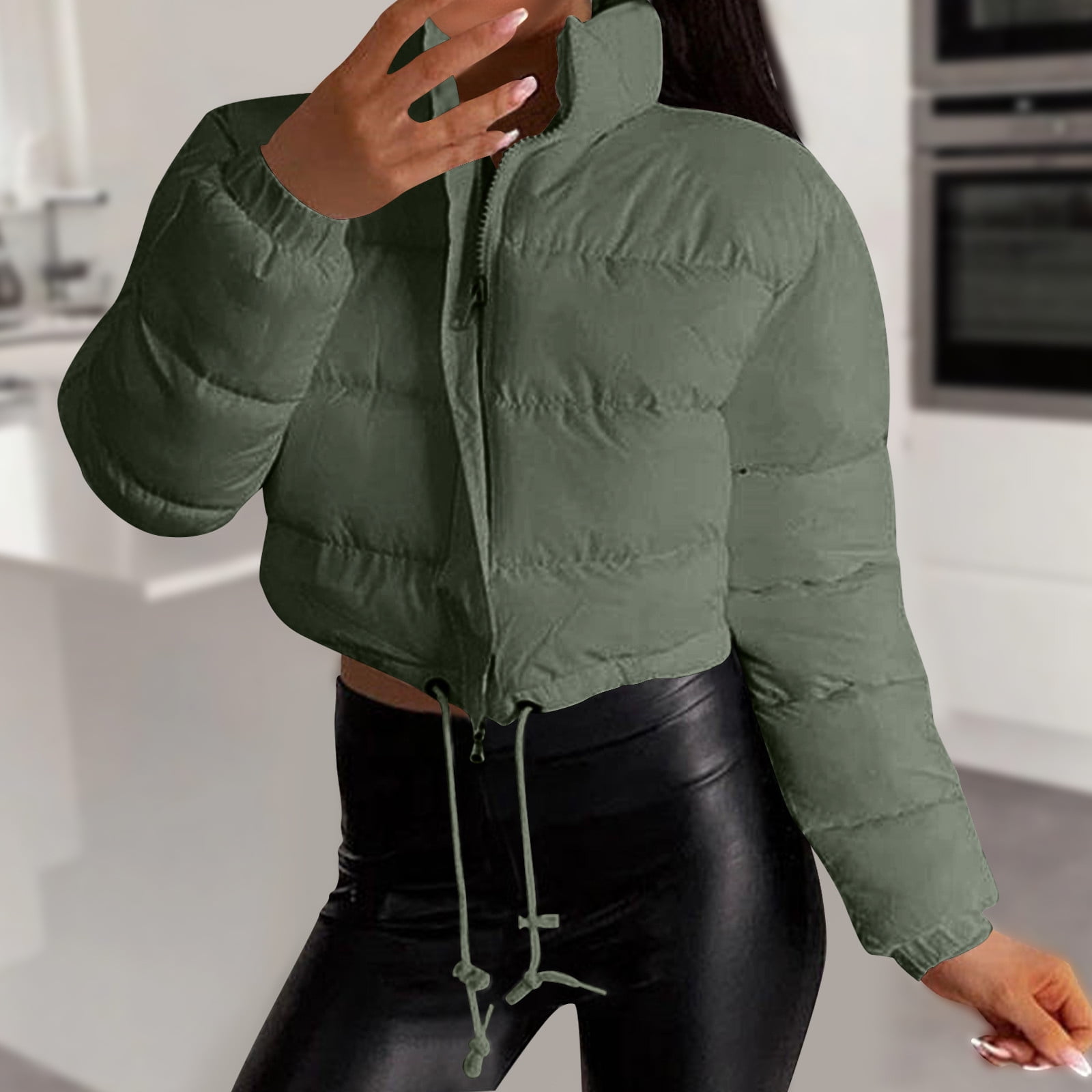Cropped Puffer Jacket Women Drawstring Hem Full Zip Stand Collar Bubble ...