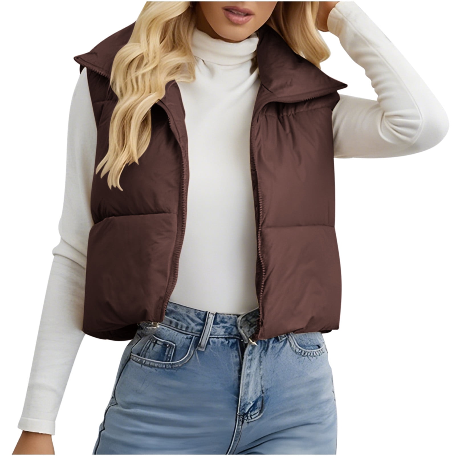 Cropped Puffer Vest Womens Stand Collar Zip-Up Padded Vests Sleeveless ...