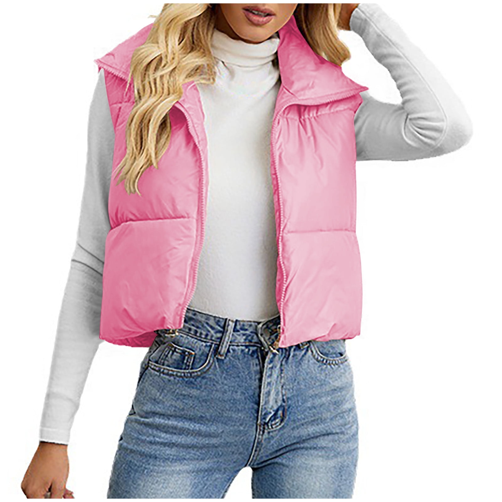 Cropped Puffer Vest Womens Stand Collar Zip-Up Padded Vests Sleeveless ...