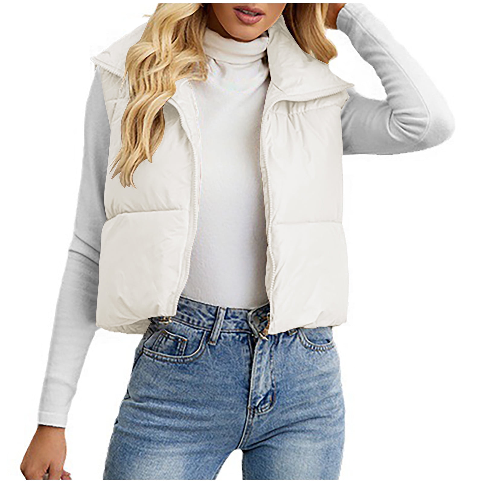 Cropped Puffer Vest Womens Stand Collar Zip-Up Padded Vests Sleeveless ...