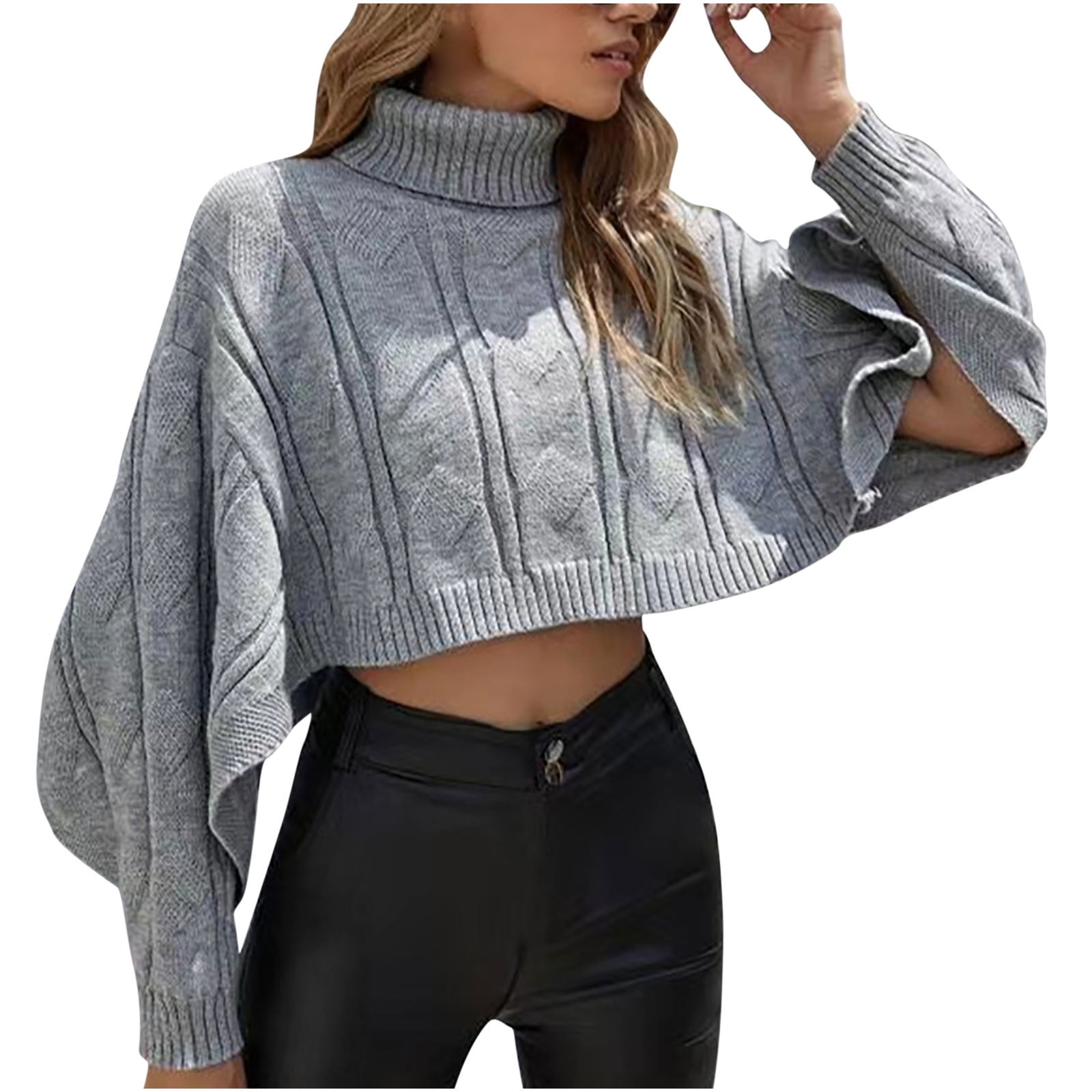 Cropped Sweaters for Women Turtleneck Long Sleeve Chunky Cable Knit ...
