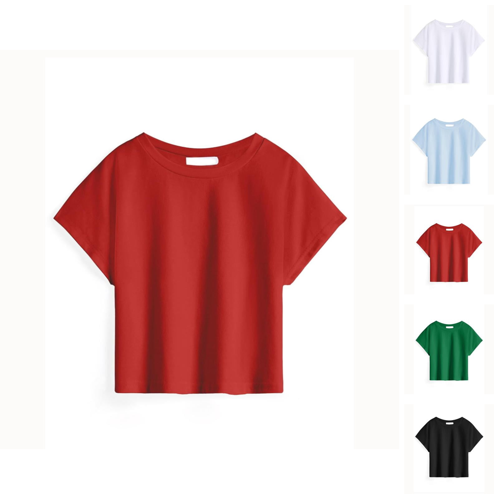 Cropped T Shirt for Girls Crew Neck Short Sleeve Plain Lightweight ...