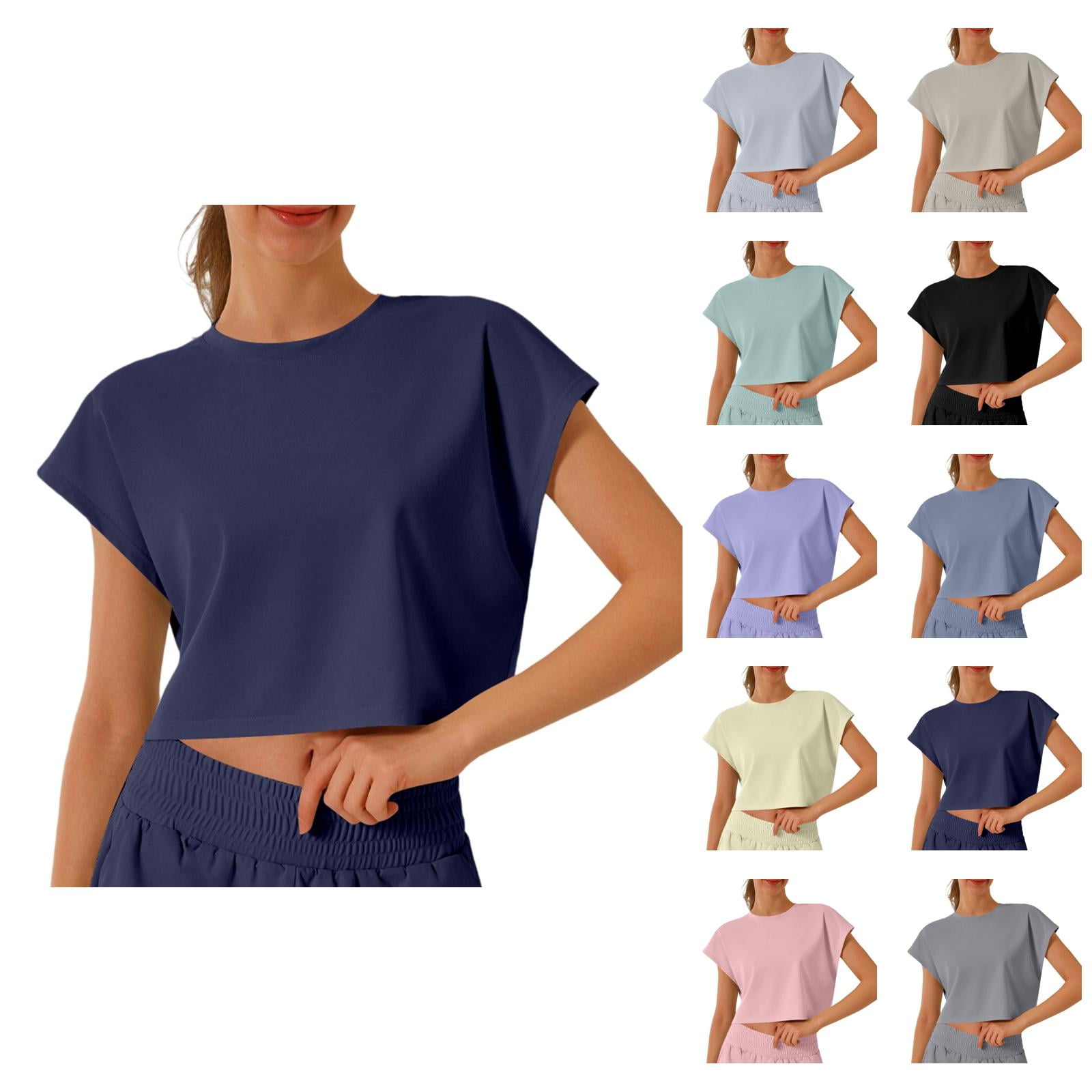 Cropped T Shirts for Women 2025 Short Sleeve Crewneck Quick Drying ...