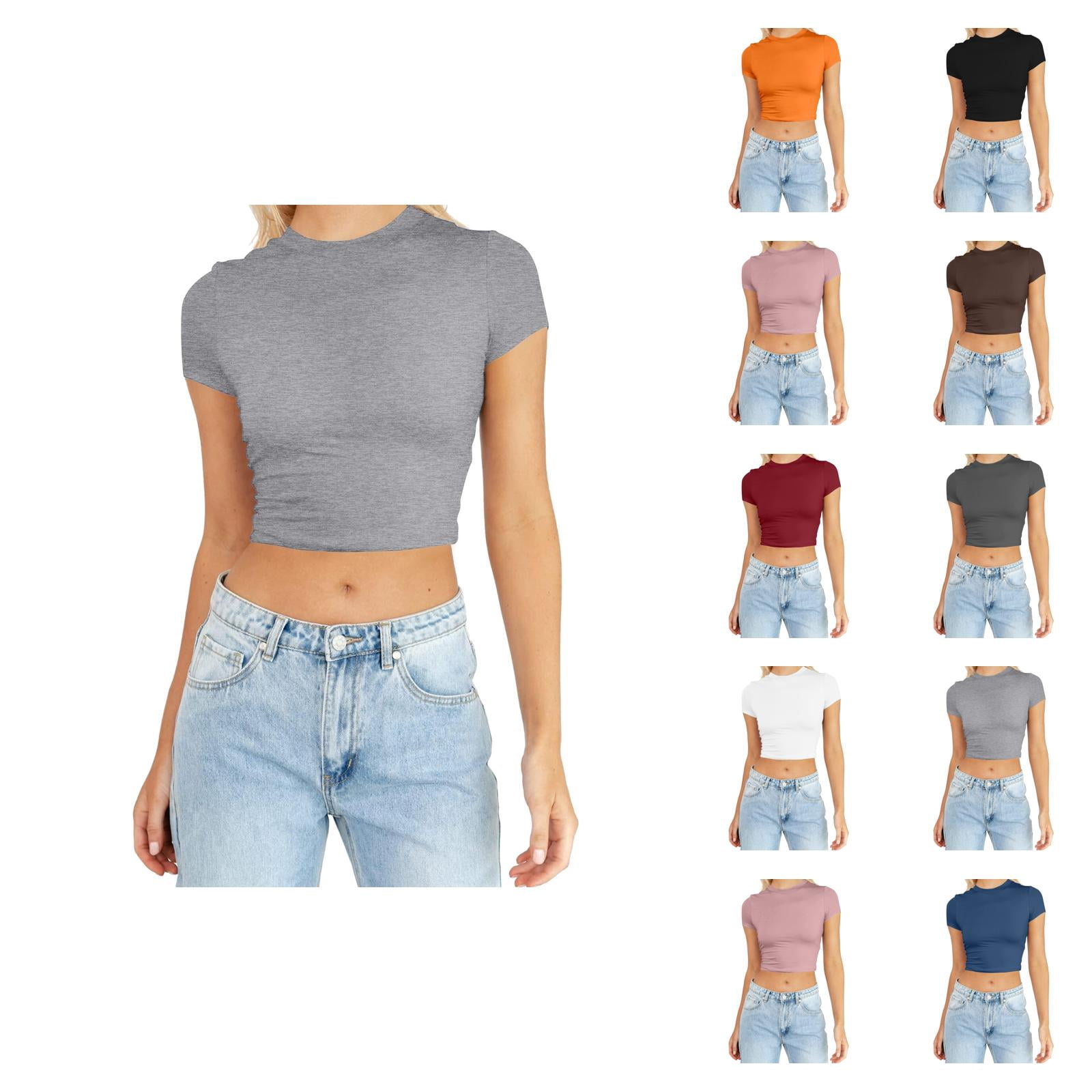 Cropped T Shirts for Women 2025 Y2K Short Sleeve Crewneck Slim Fit ...