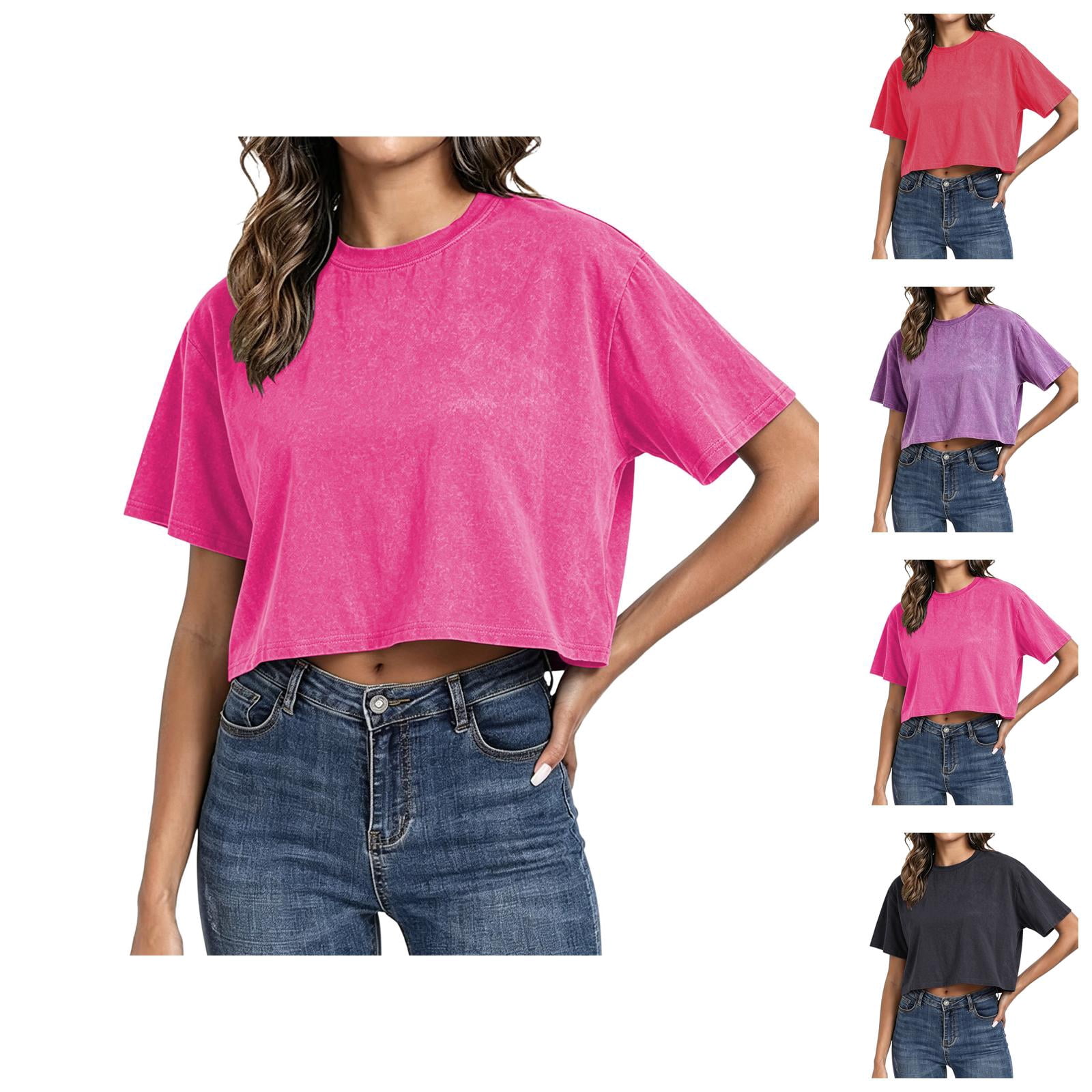 Cropped T Shirts for Women Summer Short Sleeve Crewneck Casual Vintage ...