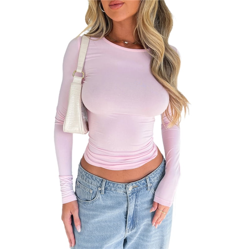 Cropped Tees Clothes For Women Solid Color O Neck Long Sleeve T Shirt ...