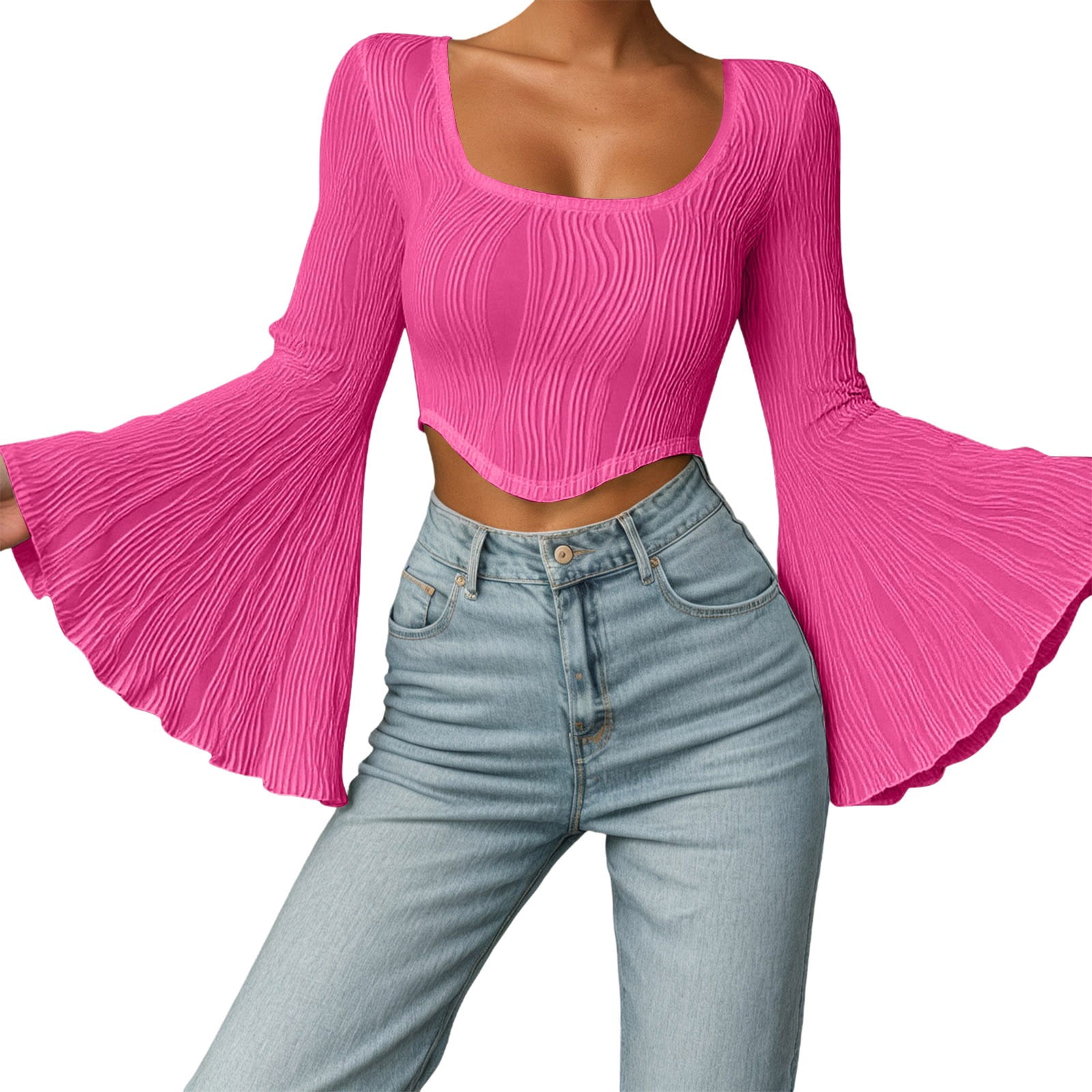 Cropped Tops for Women 2025 Long Flared Bell Sleeve Square Neck Slim ...