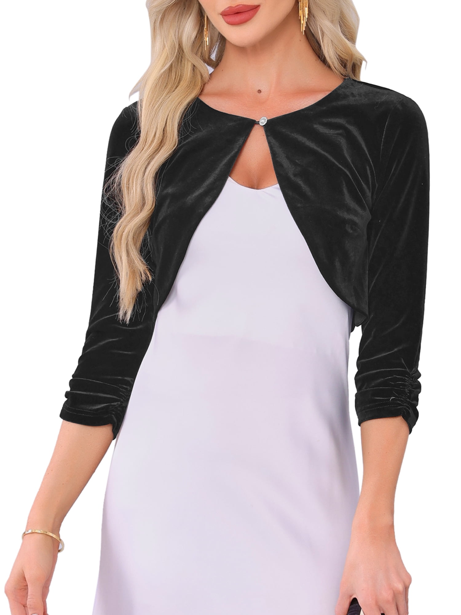 INSPIRE CHIC Women's Shrug Cropped Velvet Shrugs 3/4 Sleeves Crew Neck ...