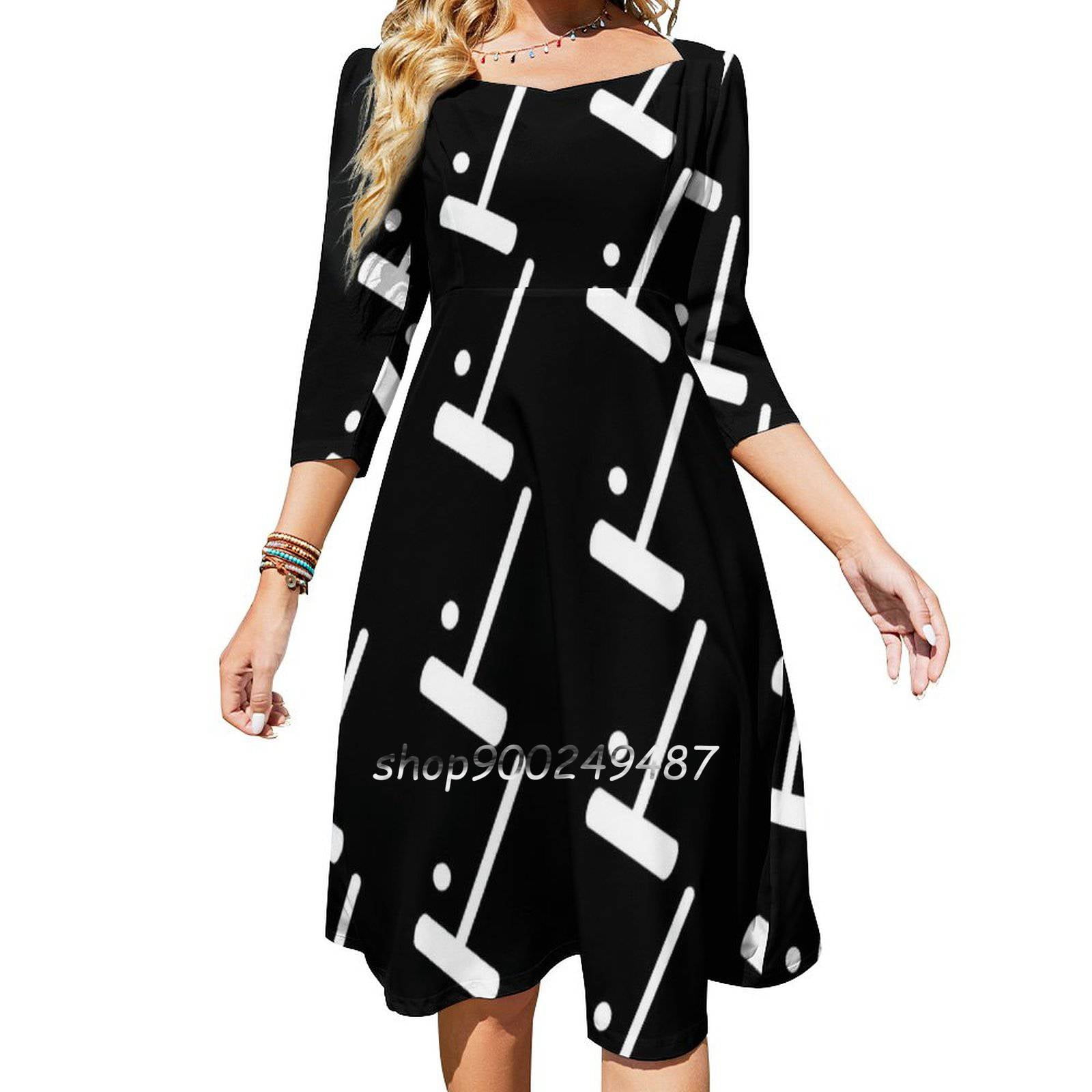 Croquet Mallet And Ball In White Flare Dress Square Neck Dress Elegant ...