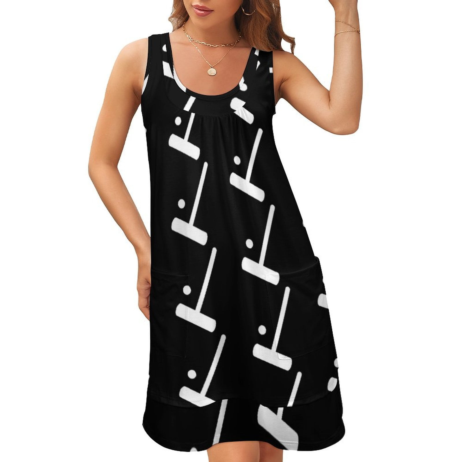 Croquet Mallet and Ball in White Sleeveless U-Neck Fake Two Piece Dress ...
