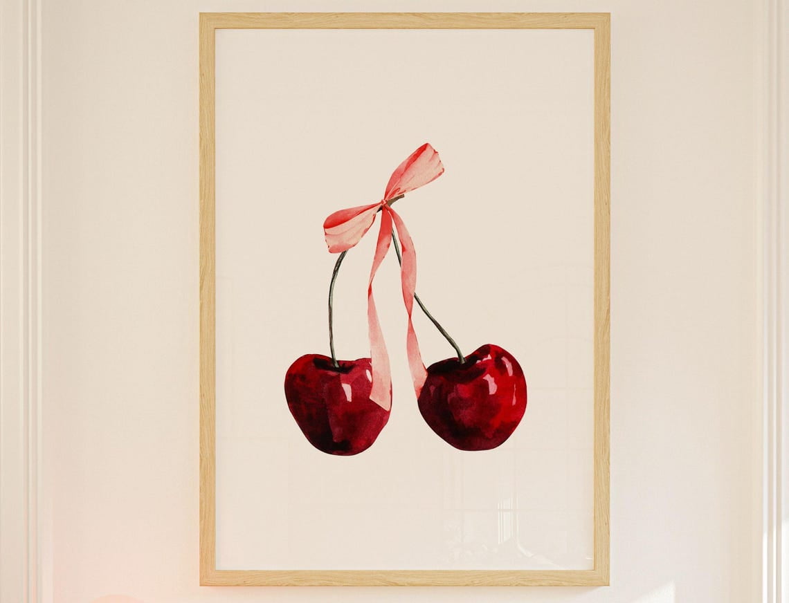 Croquette College Decor Pink Bow Cherry Wall Art Soft Girl Bedroom ...