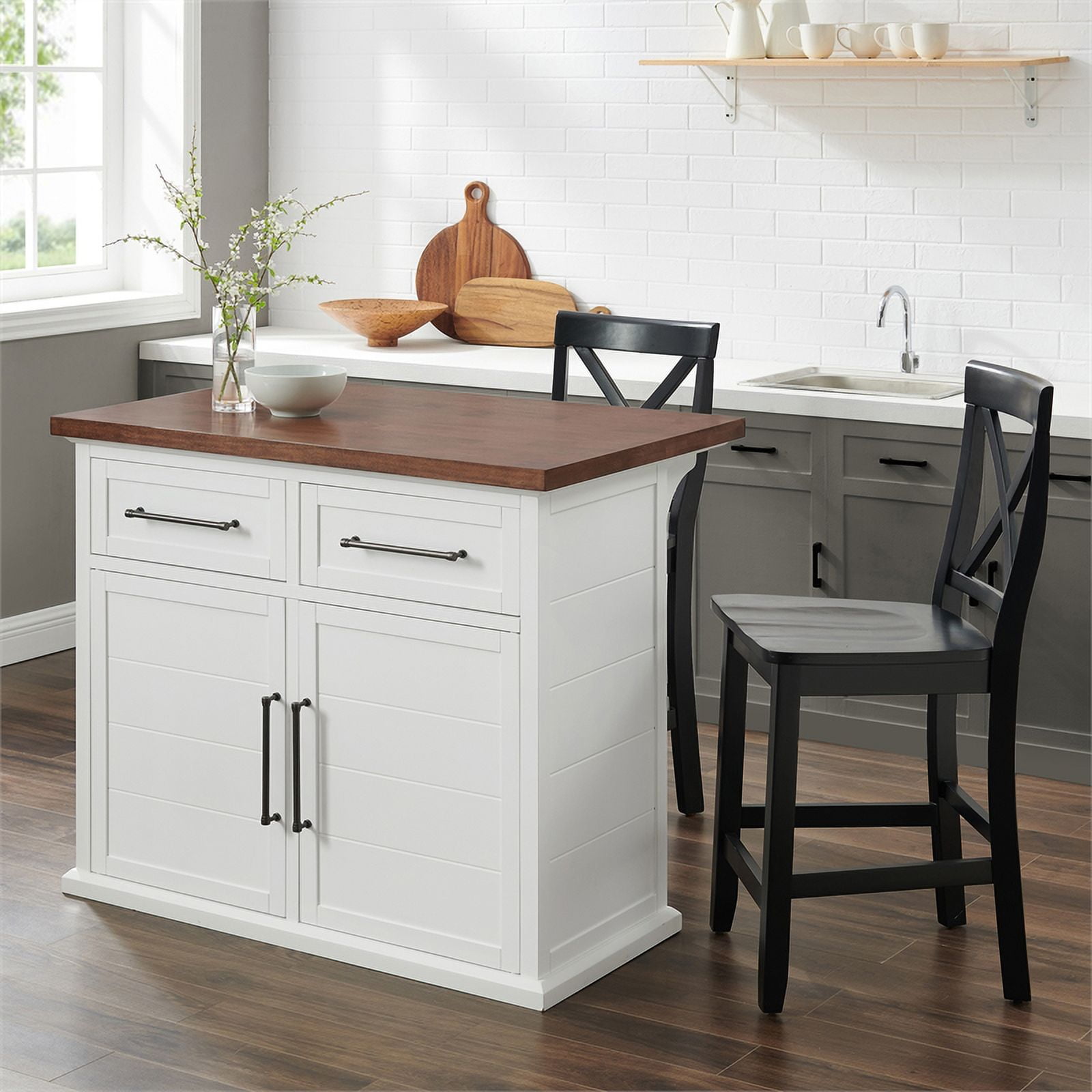 Crosley Furniture Bartlett 3-Piece Wood Kitchen Island w/ X-Back Stools ...