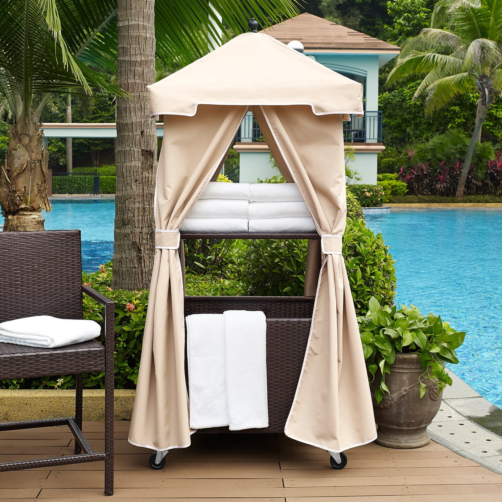 Crosley Furniture Palm Harbor Wicker Towel Valet Caddy, Covered Rolling ...