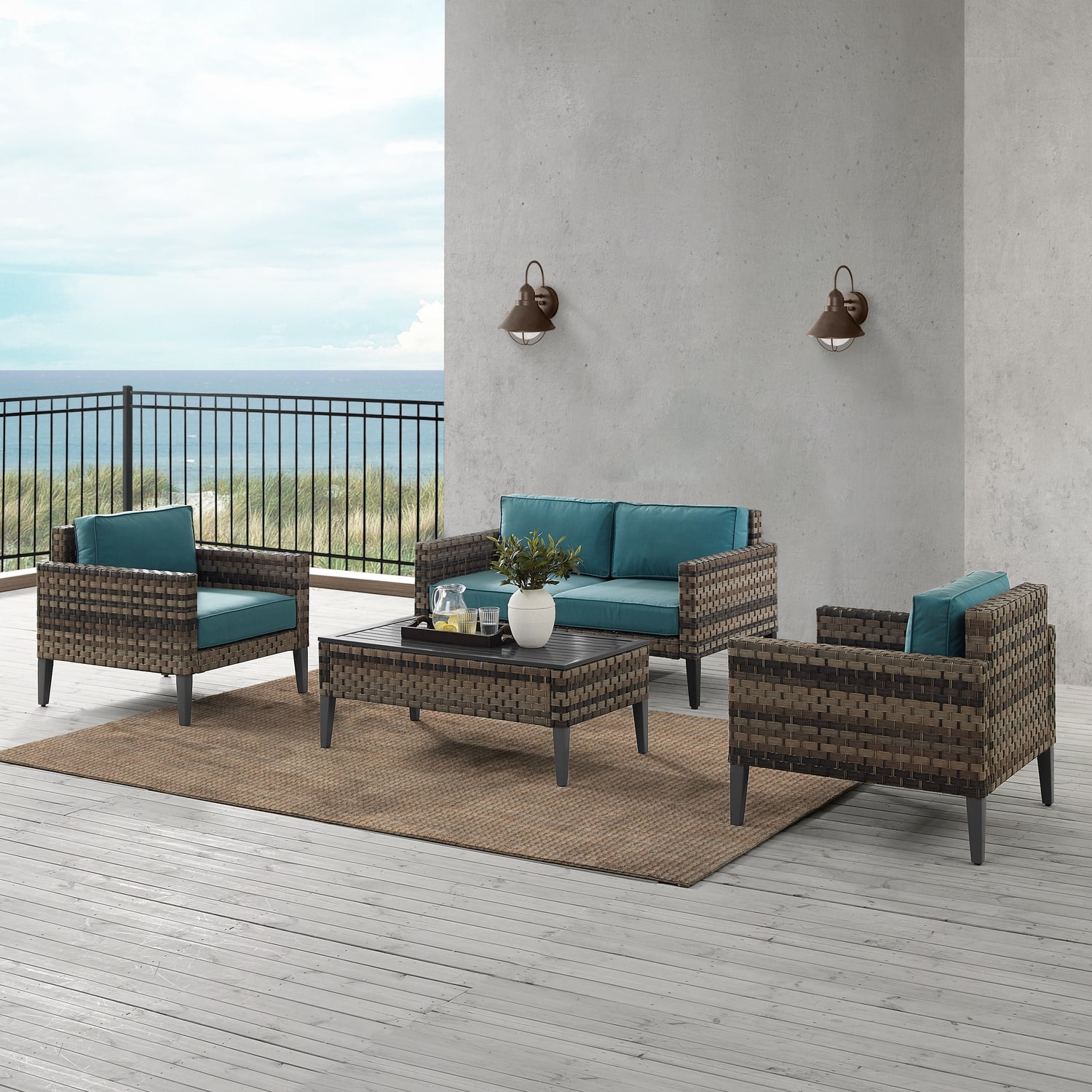 Crosley Furniture Prescott 4PC Wicker Conversation Set in Mineral Blue ...