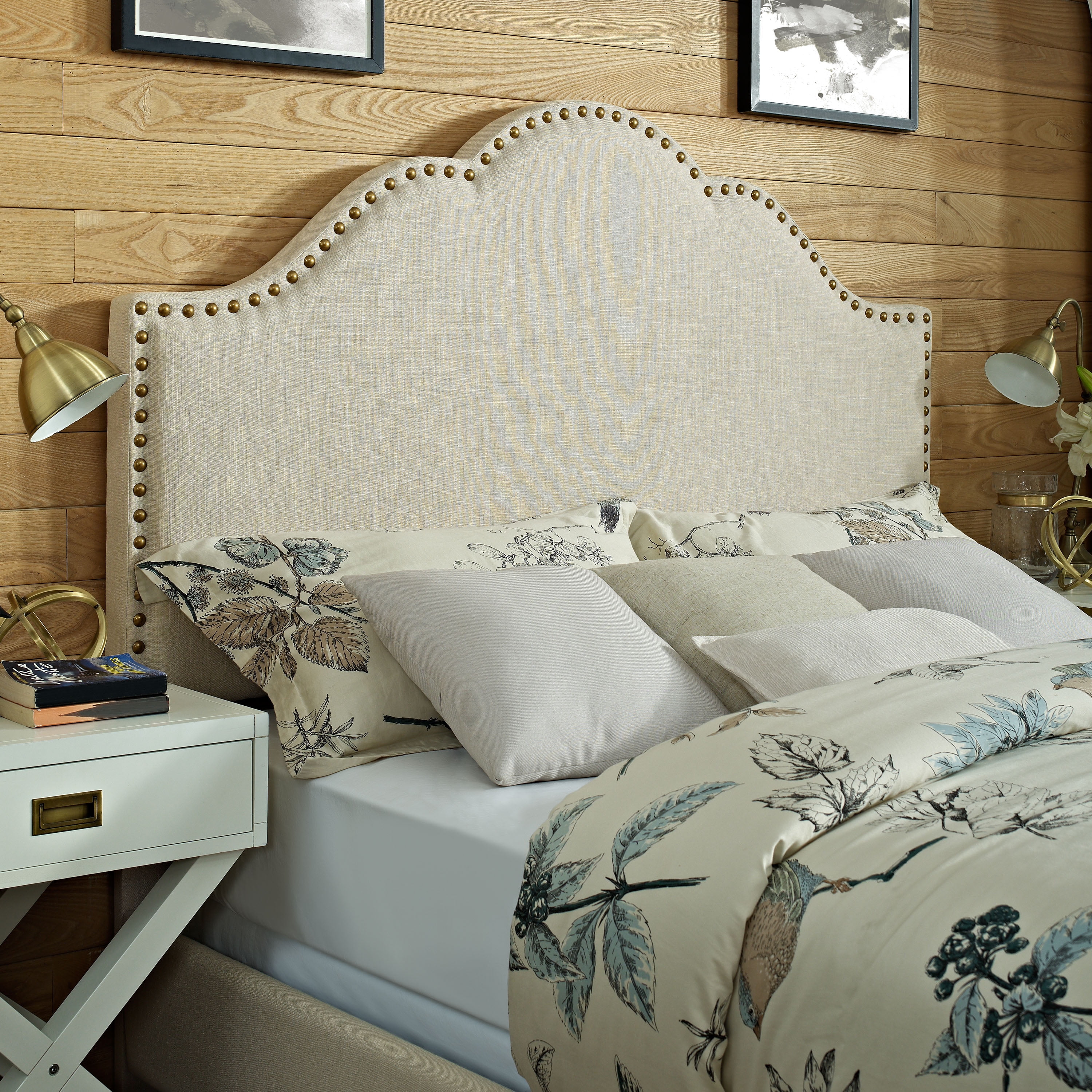 Preston Camelback Upholstered Full/Queen Headboard in Creme Linen ...