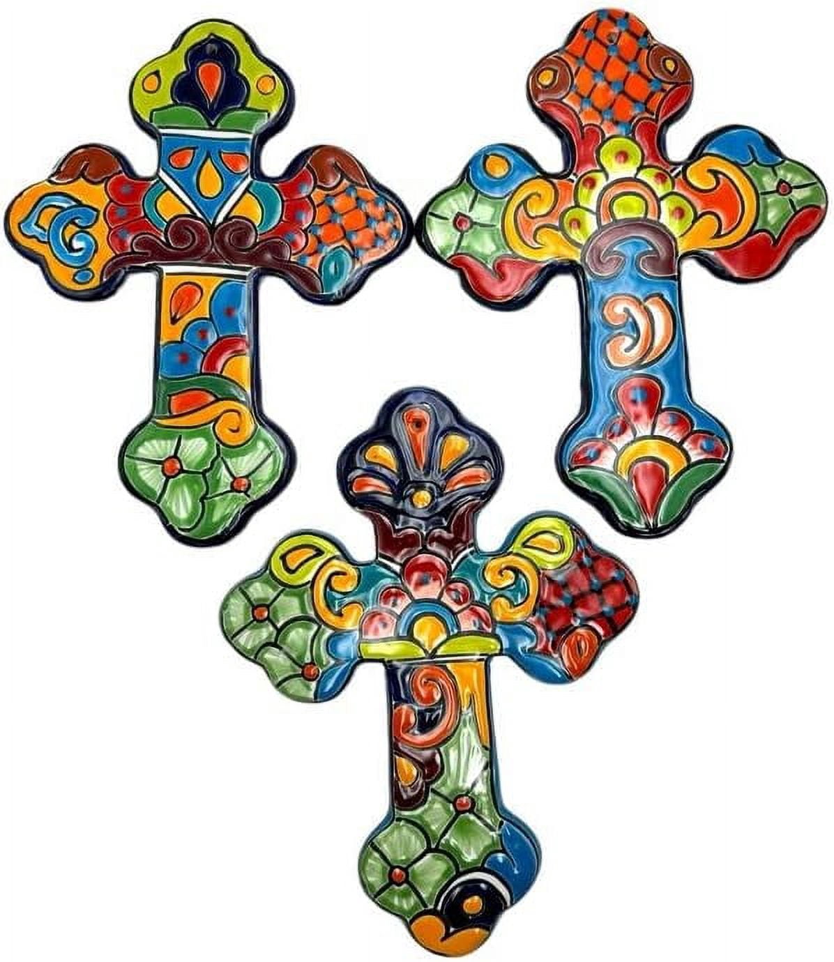 Cross (3) Sculpture Folk Art Multicolor Mexican Pottery Home Hand ...