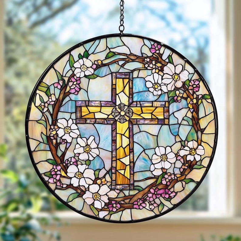 Cross And Wild Flower Stain Glass SUNCATCHER, Christian Glass Windows ...