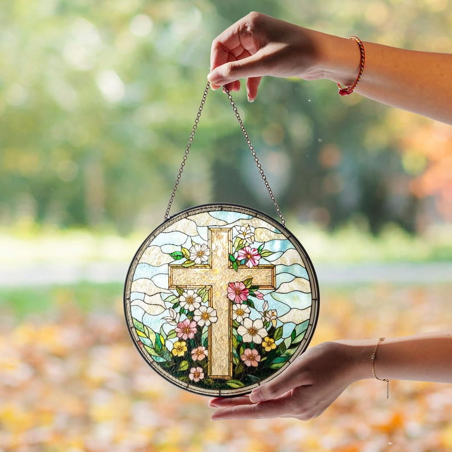 Cross And Wild Flower Stained Glass Suncatcher, Flower Cross Gift For ...