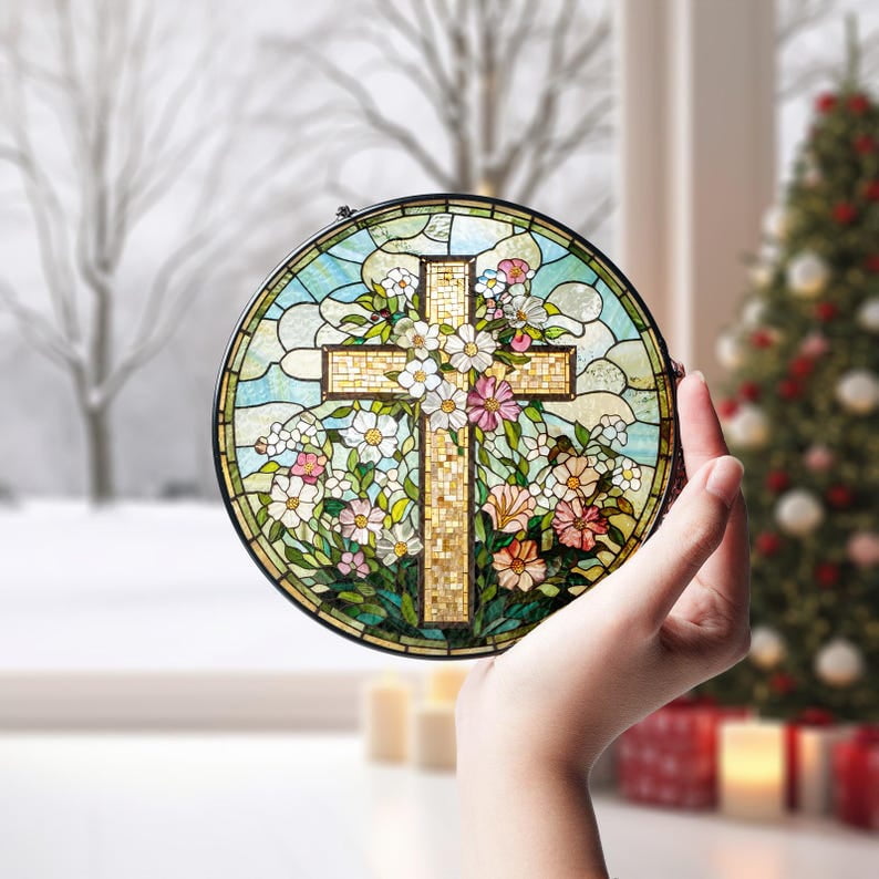 Cross And Wild Flower Stained Glass Suncatcher, Flower Cross Gift For ...