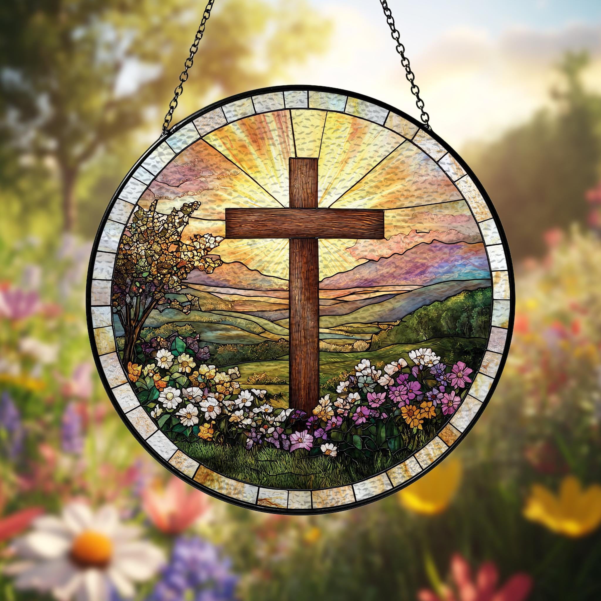 Cross And Wildflowers Suncatcher, Christian Strained Glass, Cross And ...