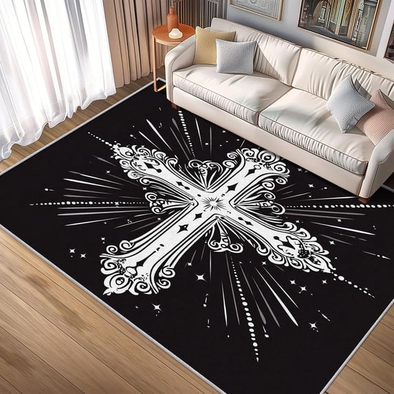 Cross Area Rugs, Black White Christian Pattern Carpet, Washable Non ...
