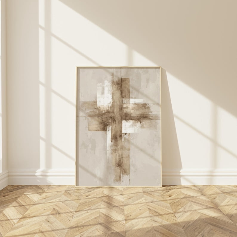 Cross Art Beige Abstract – Modern Textured Christian Painting, Neutral ...