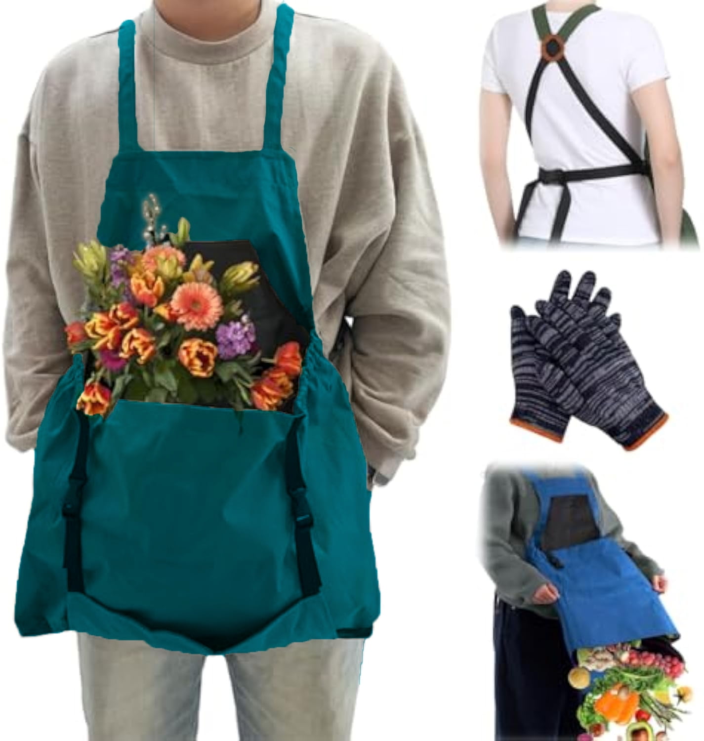 Cross Back Gardening Apron with Deep Kangaroo Release Pockets, Adjustable Garden Apron for Women ...