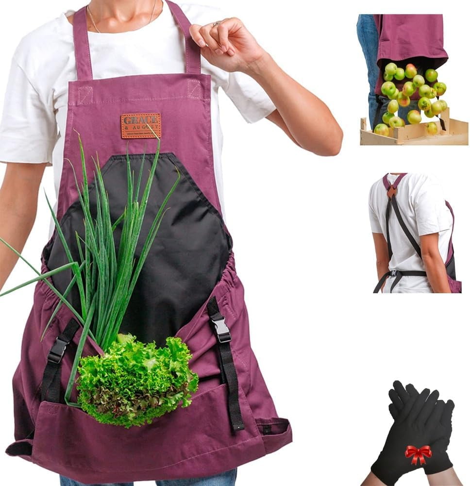 Cross Back Gardening Apron with Deep Kangaroo Release Pockets, Women Garden Aprons with Pockets ...