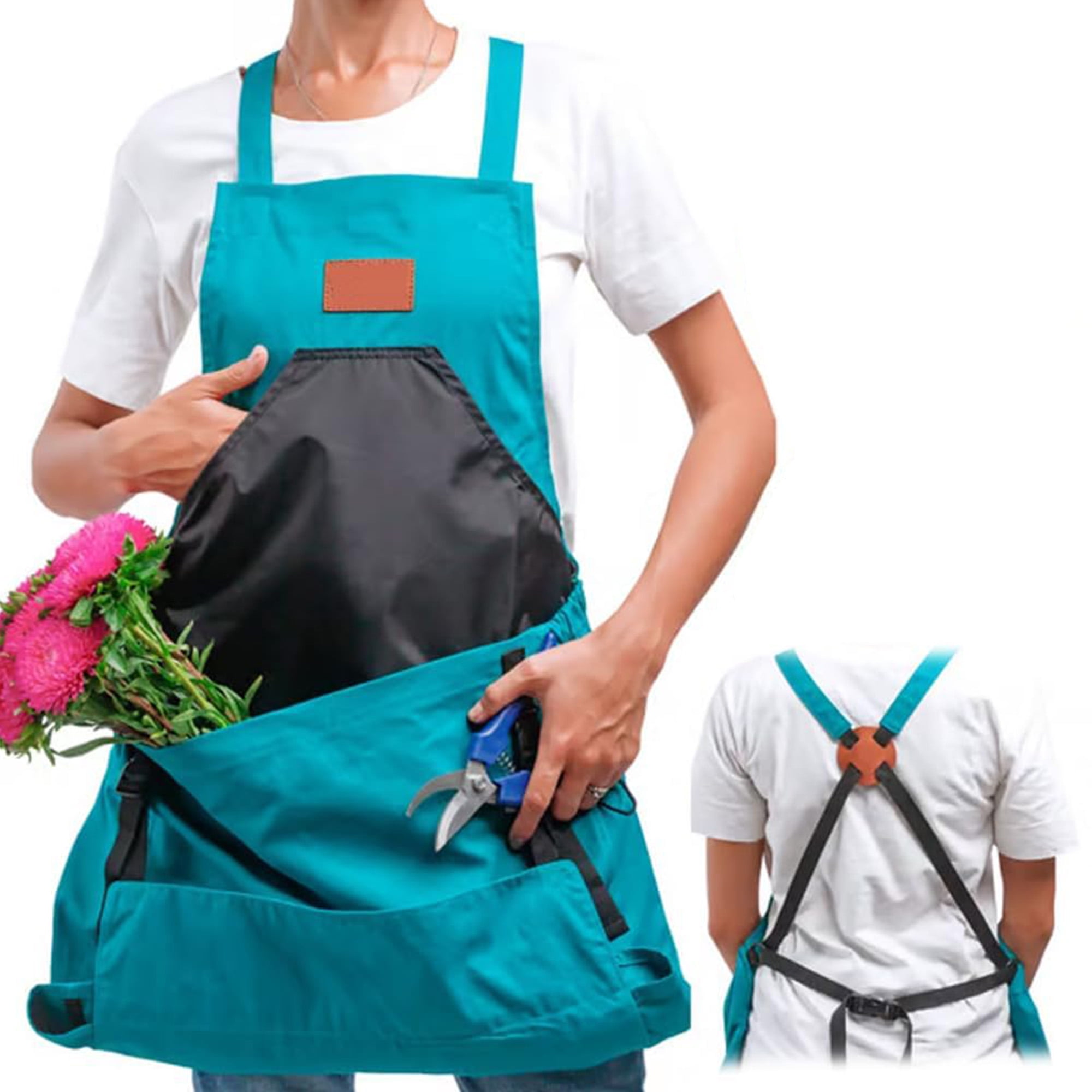 Cross Back Gardening Apron with Deep Kangaroo Release Pockets for Harvesting, Garden Apron Pouch ...