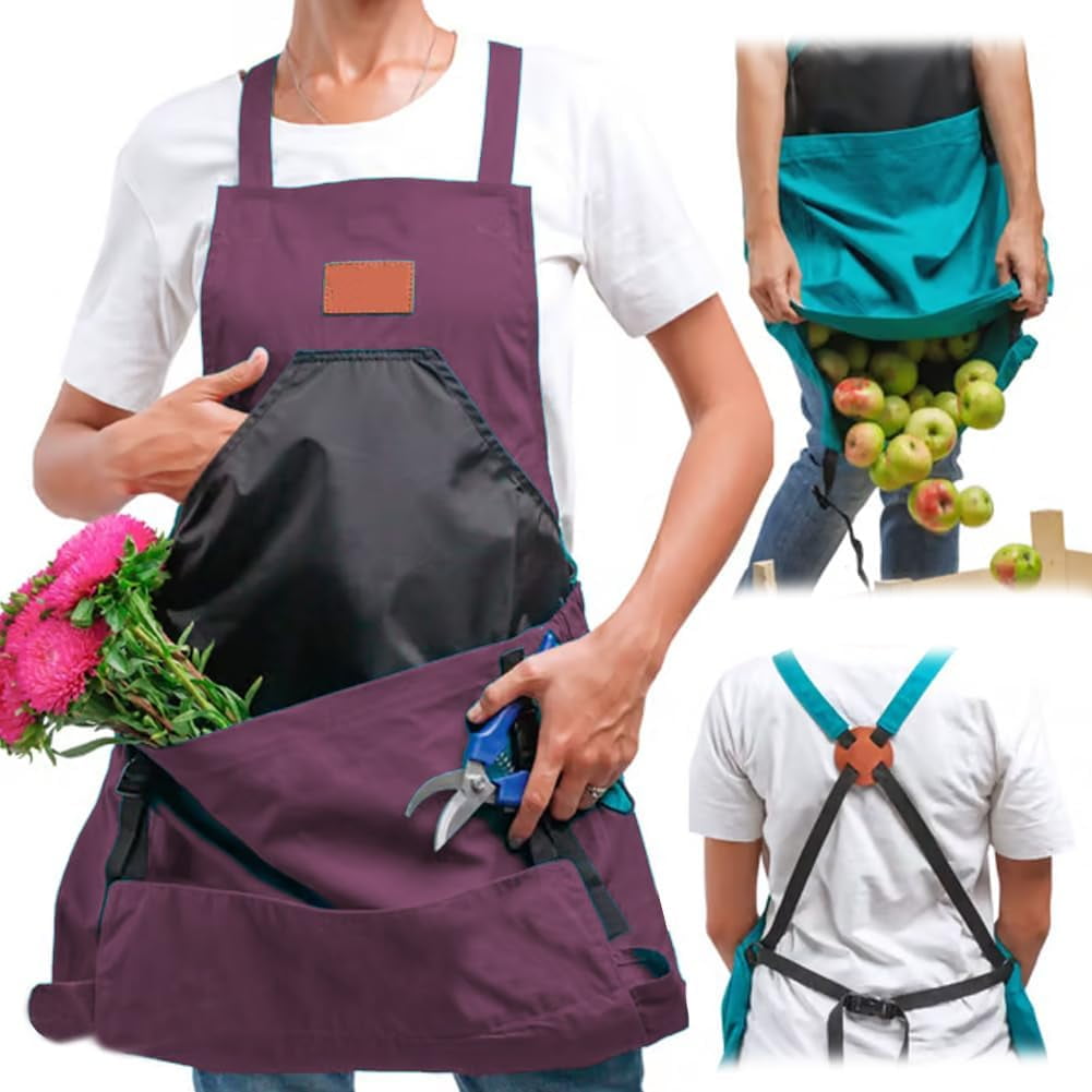 Cross Back Gardening Apron with Deep Kangaroo Release Pockets for Harvesting, Garden Apron Pouch ...