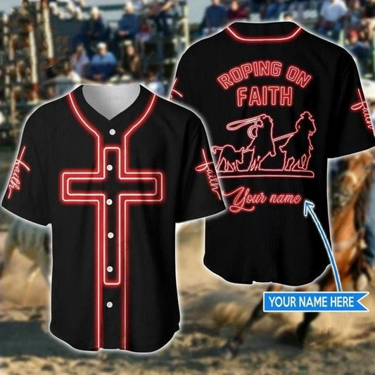 Cross Baseball Jersey - Roping On Faith Custom Printed Baseball Jersey ...