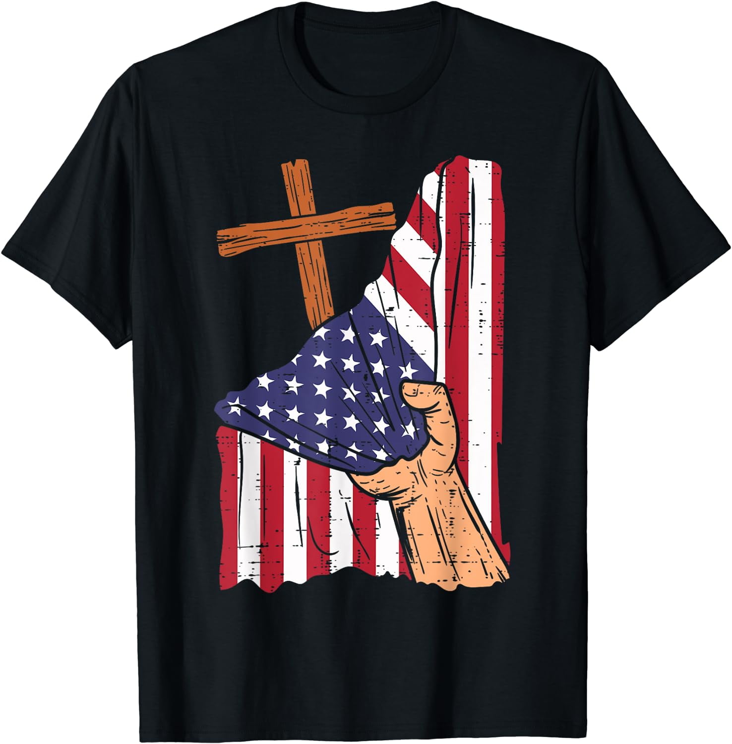 Cross Behind US Flag Religious God Jesus Patriotic Christian T-Shirt ...