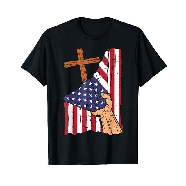 Cross Behind US Flag Religious God Jesus Patriotic Christian T-Shirt ...