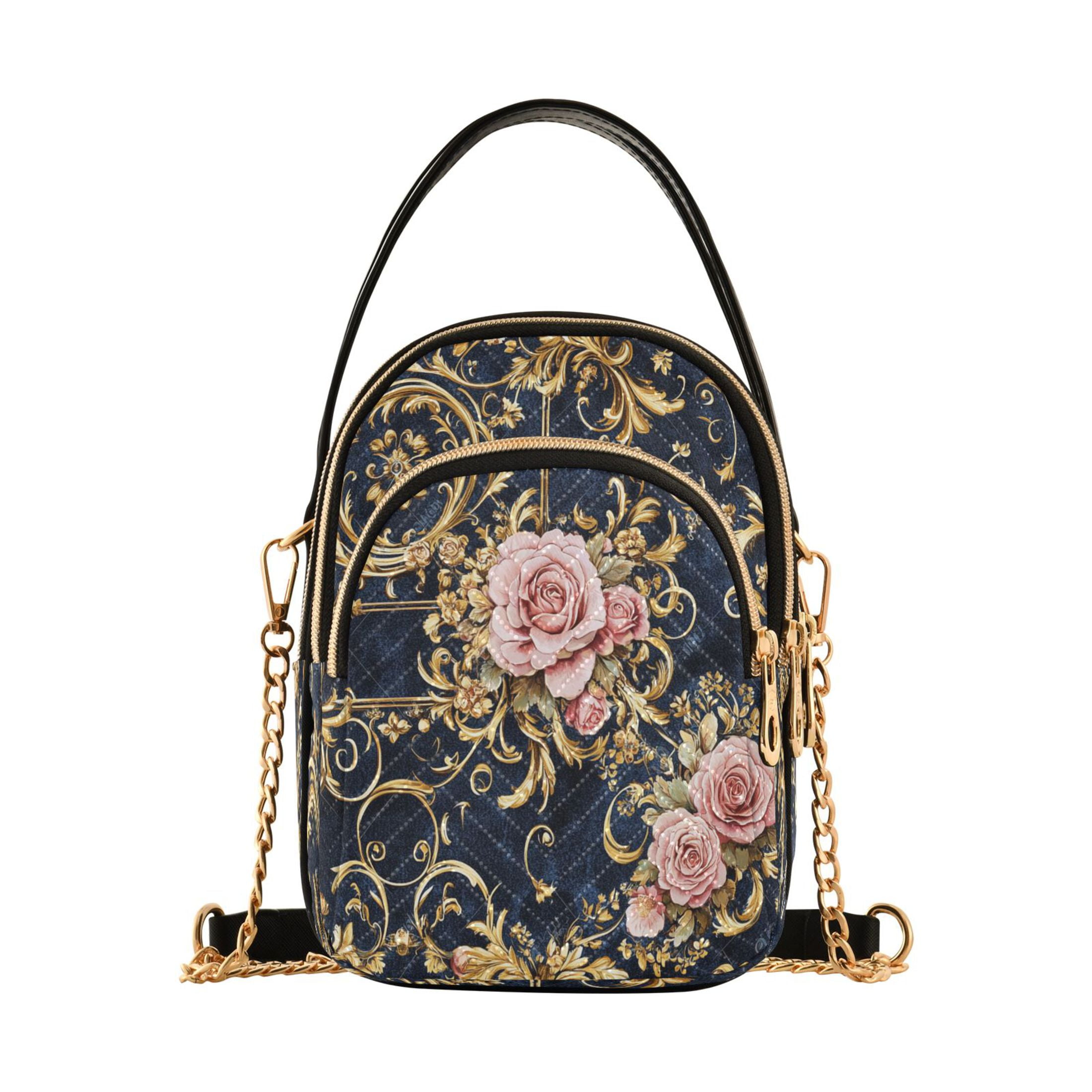 Cross Body Fashion Shoulder Waist Purse Bags Floral Pink Roses Gold ...