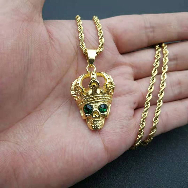 Cross-Border New Jewelry 14K Yellow Gold Crown Green Eyes Skull Undead ...