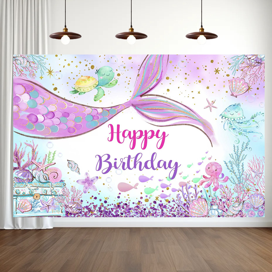 Cross-Border New Mermaid Princess Backdrop Birthday Party Decoration ...