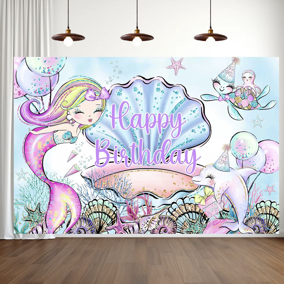 Cross-Border New Mermaid Princess Backdrop Birthday Party Decoration ...
