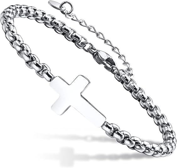 Cross Chain Bracelet for Men, Silver/Black Stainless Steel Cross ...
