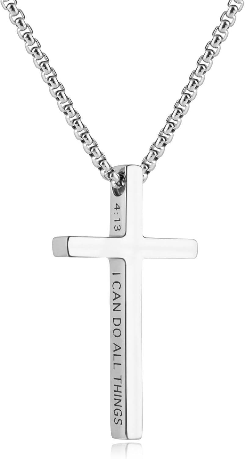 Cross Chain Necklace for Men, Silver Stainless Steel Bible Verse Cross ...
