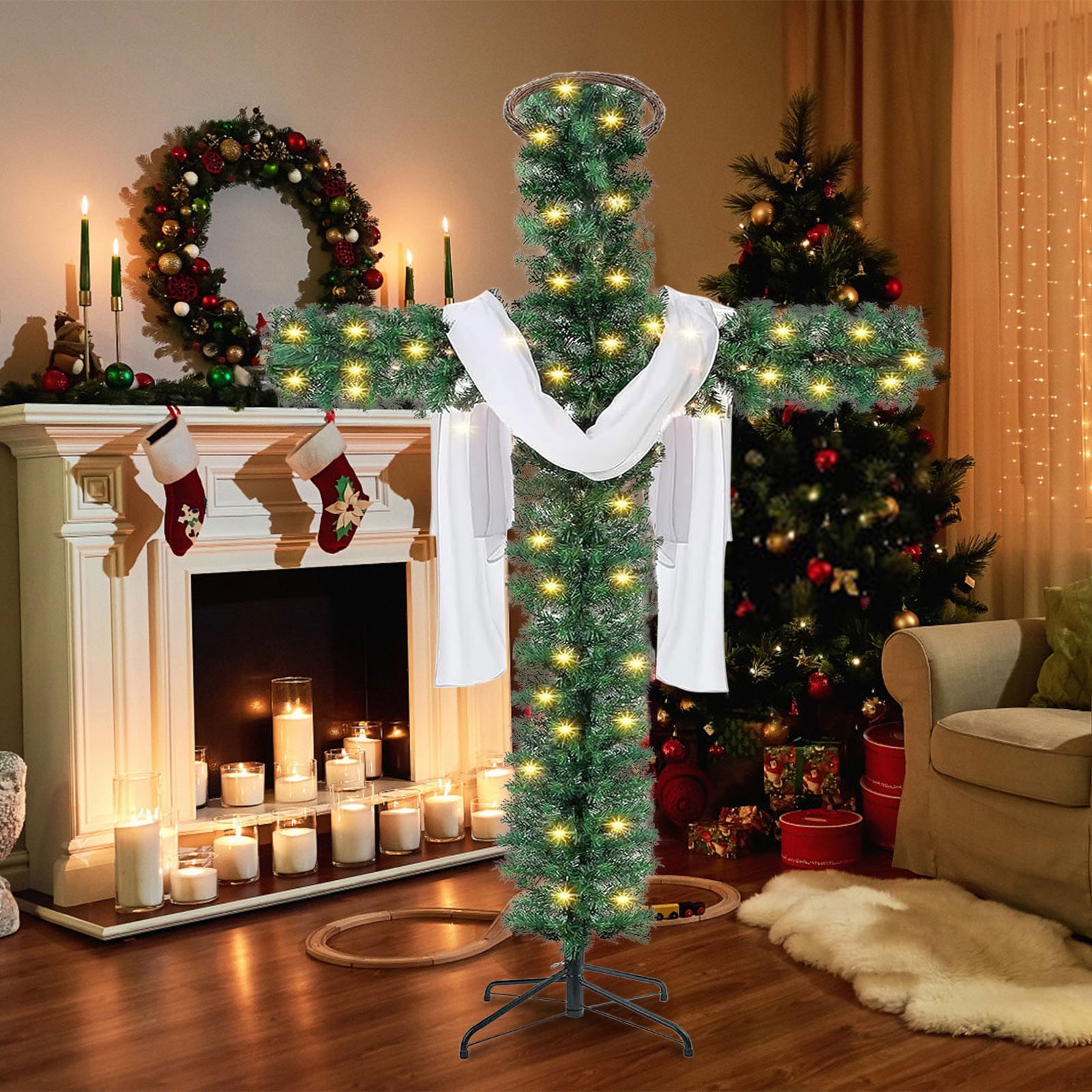 Cross Christmas Tree, Foldable Christmas Tree with Lights, Cross Shaped ...
